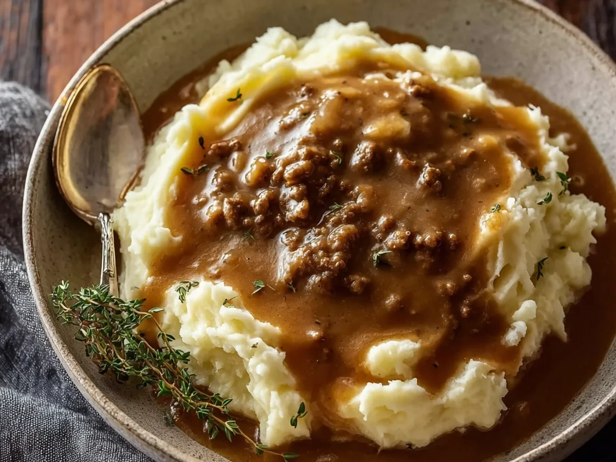 Homestyle Hamburger Gravy Over Creamy Mashed Potatoes - Recipes By Megan